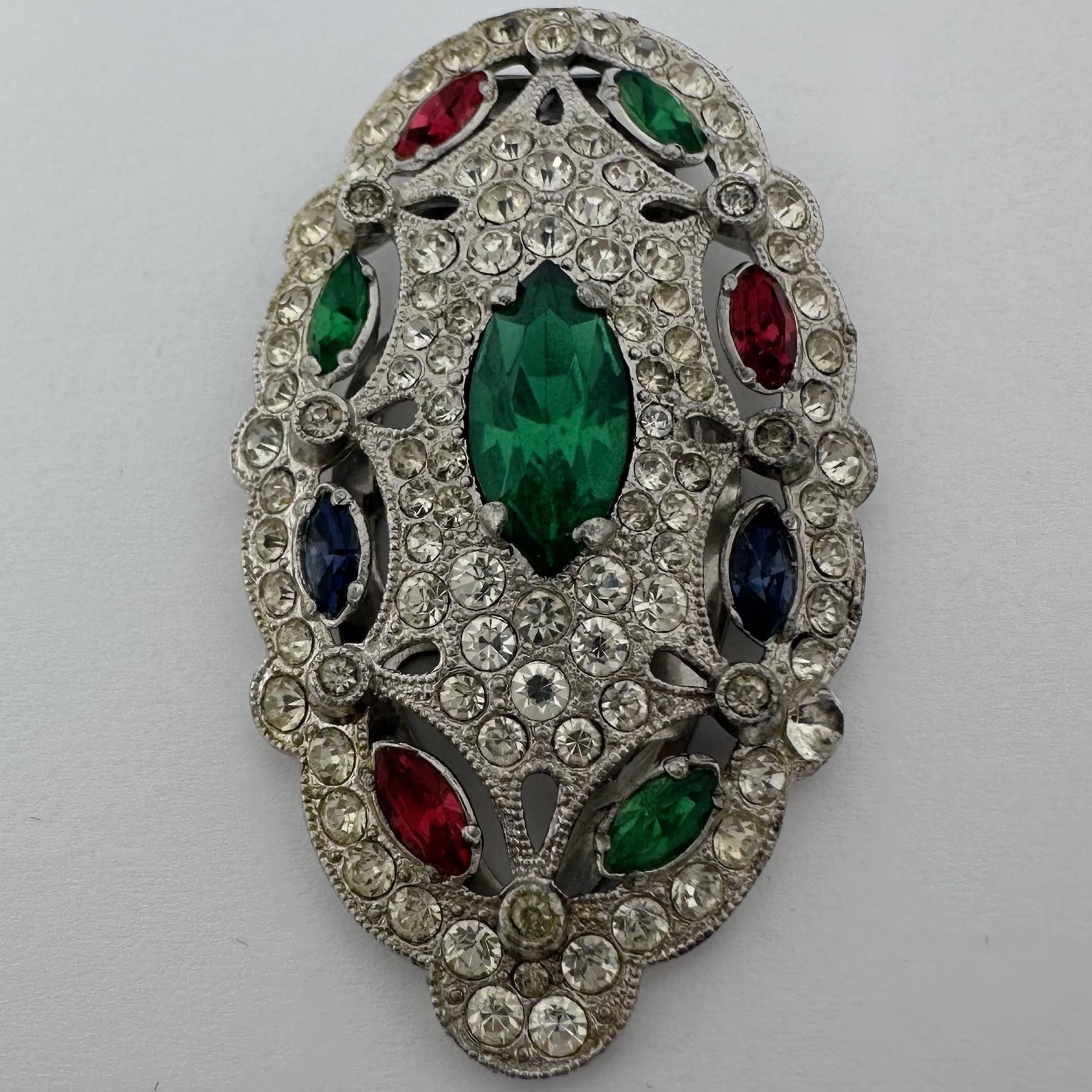 VTG ART DECO EMERALD GREEN RUBY RED SAPPHIRE BLUE CRYSTAL RHINESTONE ...