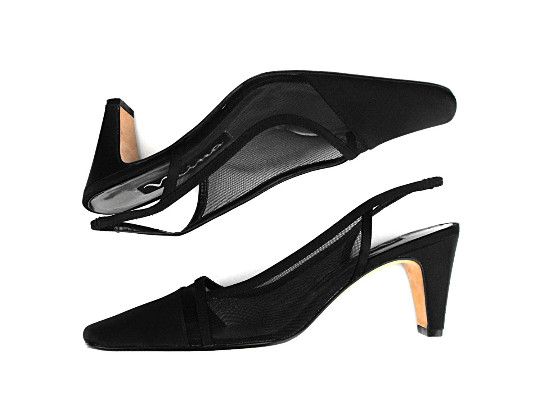 1970s Asymmetric Net Pumps Nina Black Satin Slingback… - Gem