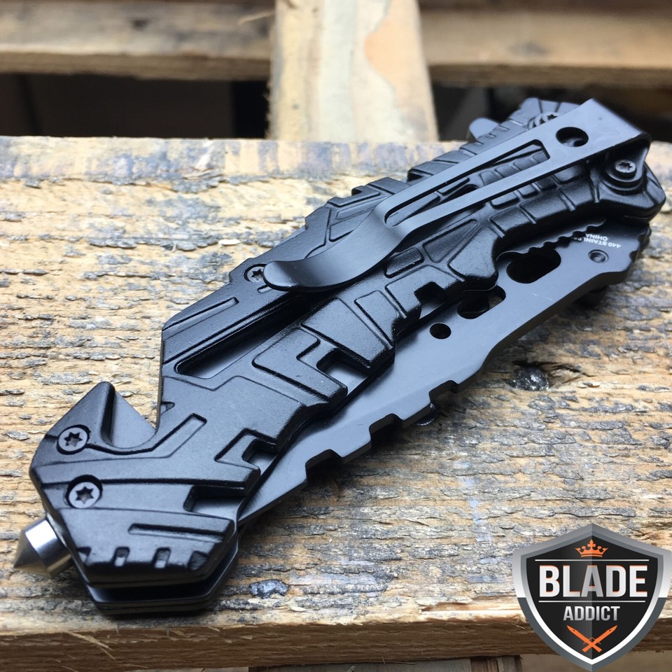 8" Black POLICE Spring Assisted Open Tactical Rescue Folding Pocket ...