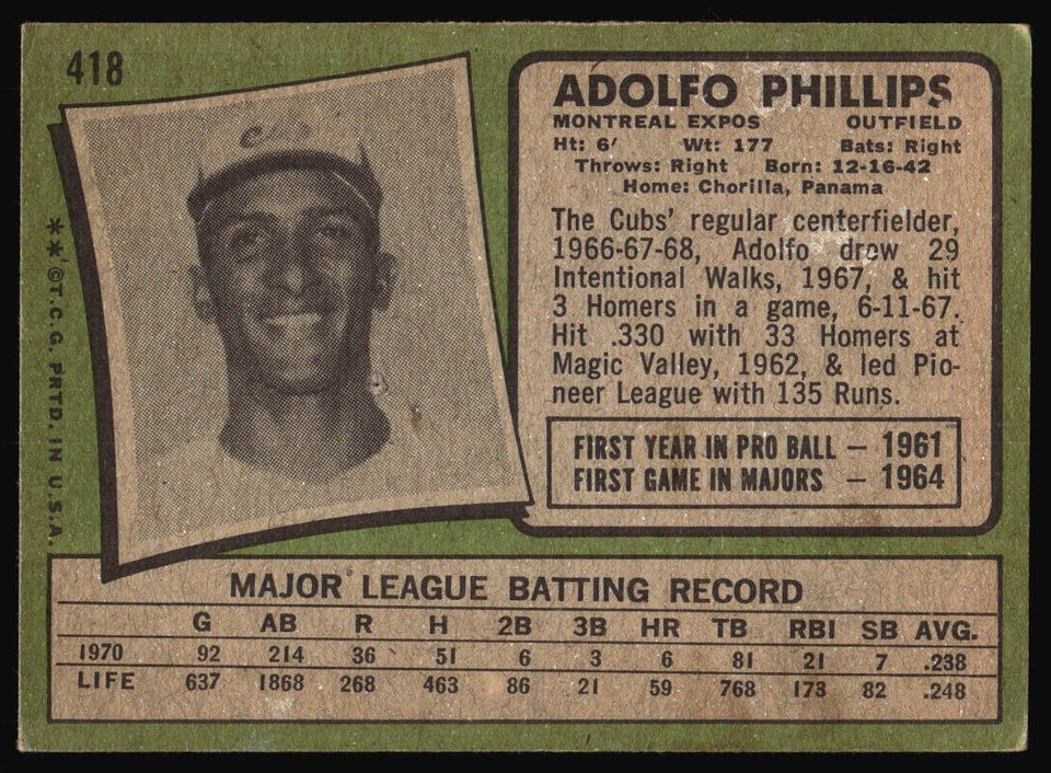 1971 Topps Adolfo Phillips #418 Montreal Expos | eBay