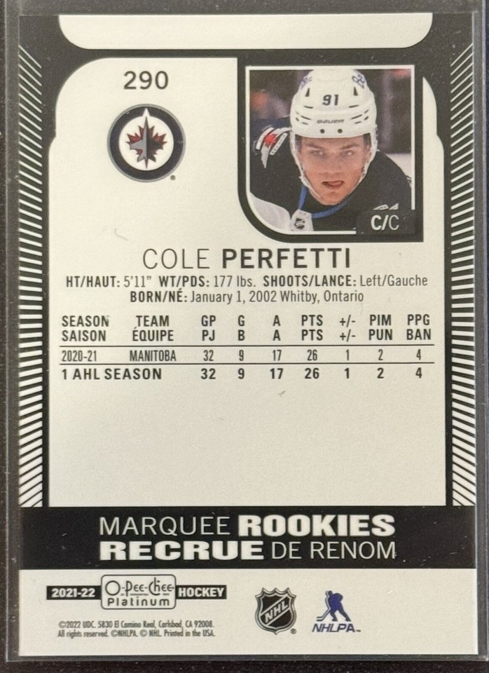 21/22 OPC PLATINUM COLE PERFETTI MARQUEE RC ROOKIE #290 | eBay