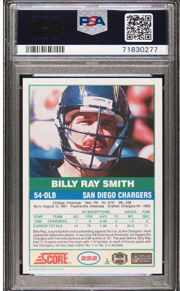 1989 Score #222 Billy Ray Smith PSA 9 MINT NFL Graded Trading Card | eBay
