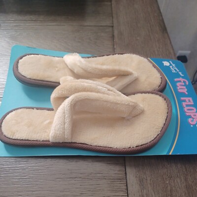 New Women's FUR FLOPS Fuzzy Flip Flop Sandals Slip On Brown size M(7/8 ...