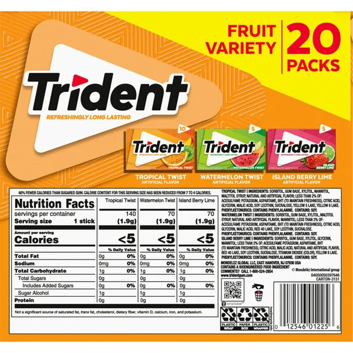 Trident Fruit Variety Pack Sugar-Free Gum, 20 Ct Chewing Gum Fruity ...