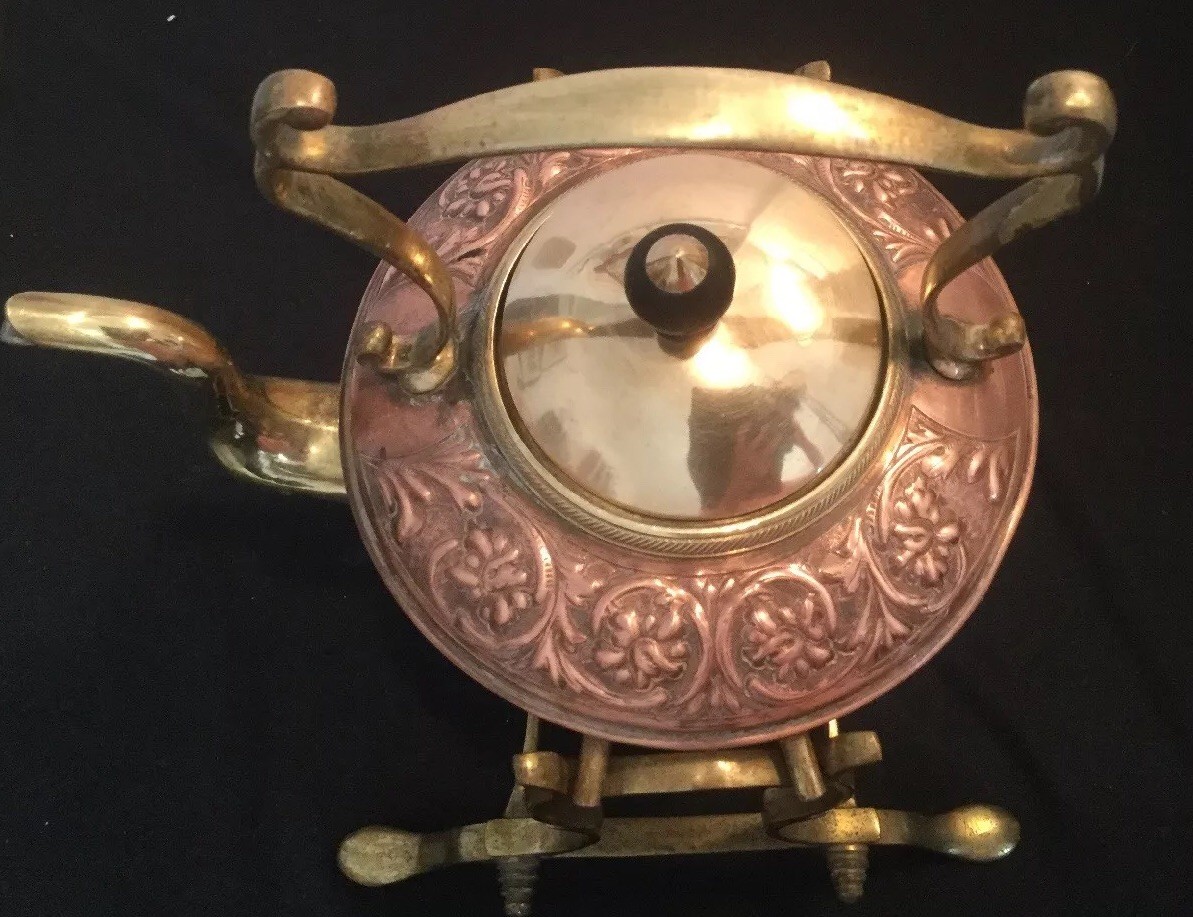 ANTIQUE COPPER BRASS TEA POT KETTLE ON STAND | eBay