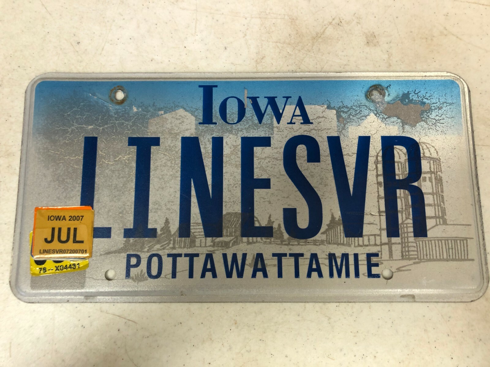 July 2007 Tag IOWA Pottawattamie County License Plate LINESVR Line ...
