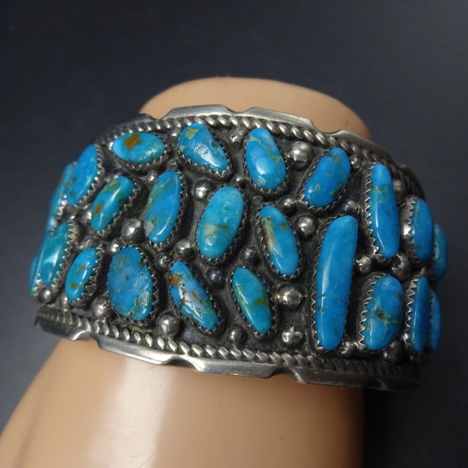 Delbert Gordon NAVAJO Sterling Silver DEEP BLUE TURQUOISE Cluster Cuff ...