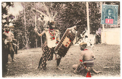 1918's Sarawak Postcard Sea Dyak Warriors Scene Unused Stamp 1c Dayak ...