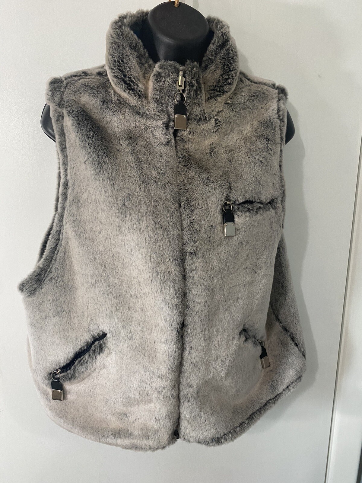Jamie Sadock Faux Fur Vest Reversible Small Gray Blue Zippers Pockets ...