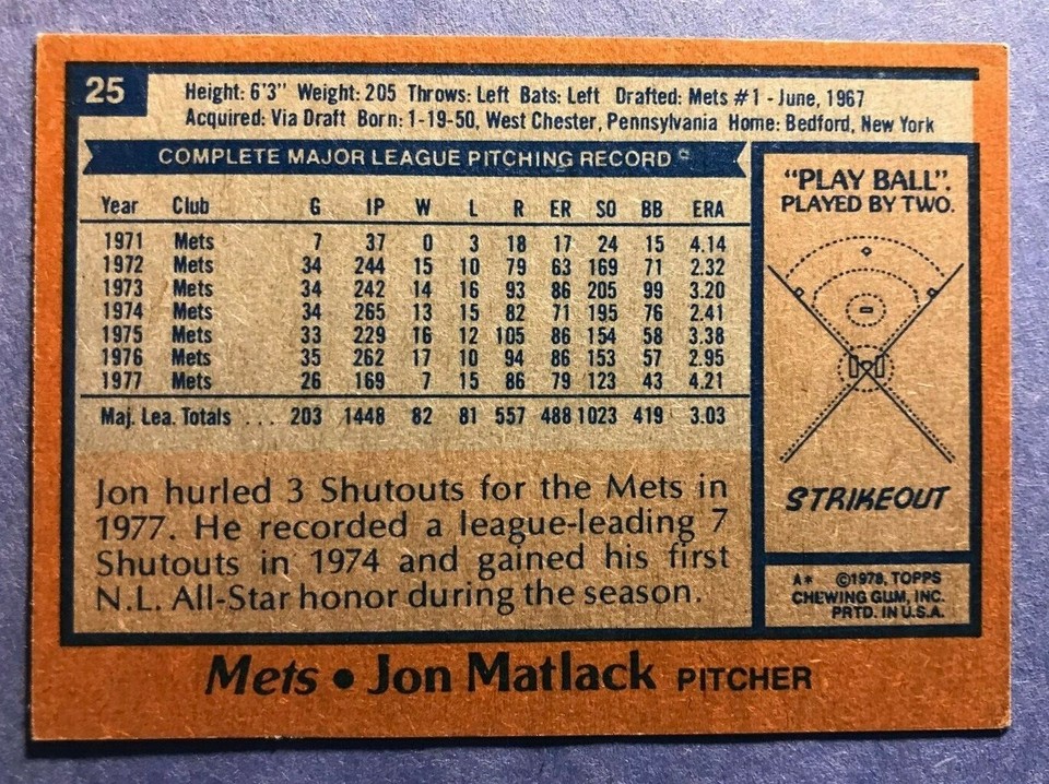 SIGNED JON MATLACK AUTOGRAPHED 1978 TOPPS BASEBALL CARD - METS | eBay