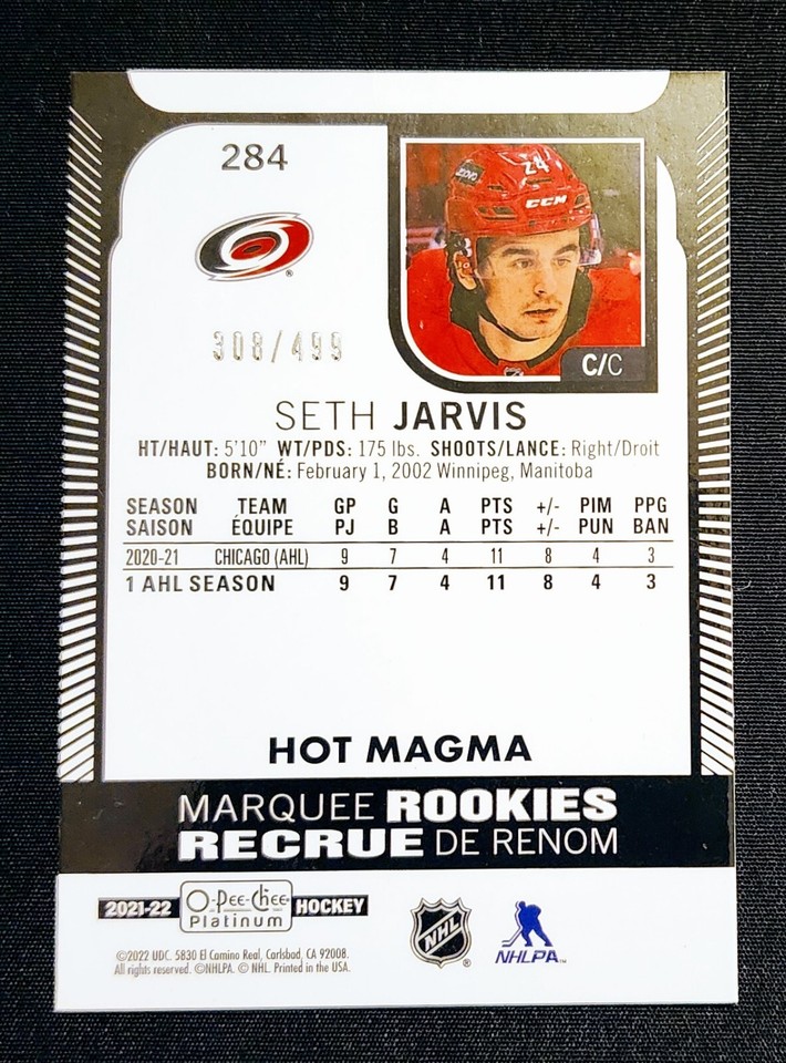 2021-22 O-Pee-Chee Platinum Hot Magma /499 Marquee Rookies Seth Jarvis ...