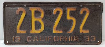 Vintage 1933 California License Plate 2B 252 5 Digit Yellow on Black | eBay