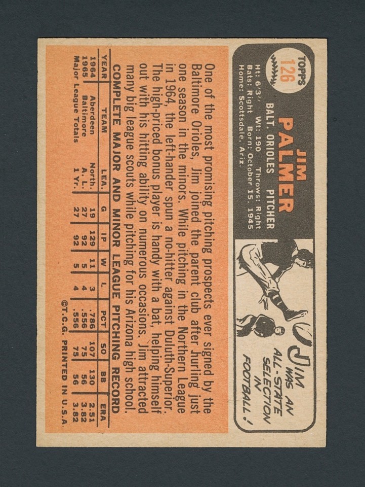 1966 Topps #126 Jim Palmer Rookie Card EM to NM Condition | eBay