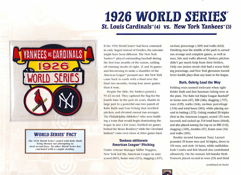 1926 WORLD SERIES PATCH CARD Willabee Ward ST LOUIS CARDINALS / NEW ...