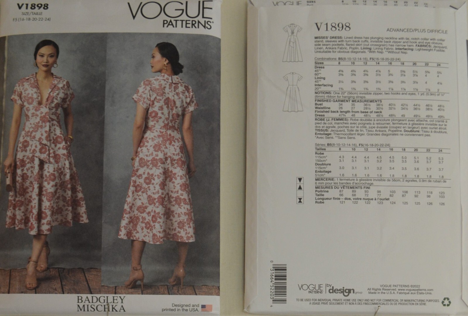 Vogue Pattern - V1898 - Misses' Dress | eBay