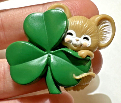 Vintage 1983 Hallmark Cards INC Lucky Shamrock Clover Cute Mouse Brooch ...