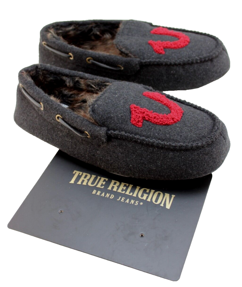 NWT TRUE RELIGION Size 11-12 Black/Red Logo Faux Fur Lined Men Moccasin ...