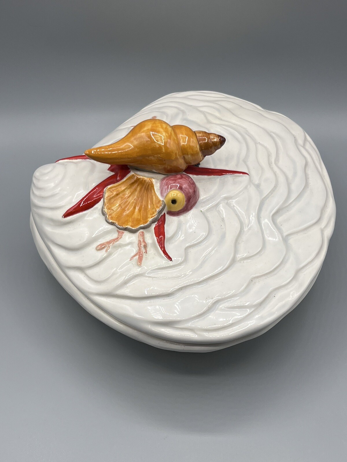 Nautical Signed MSK ‘83 Majolica Clam Shell Scallop Covered Dish Bowl ...