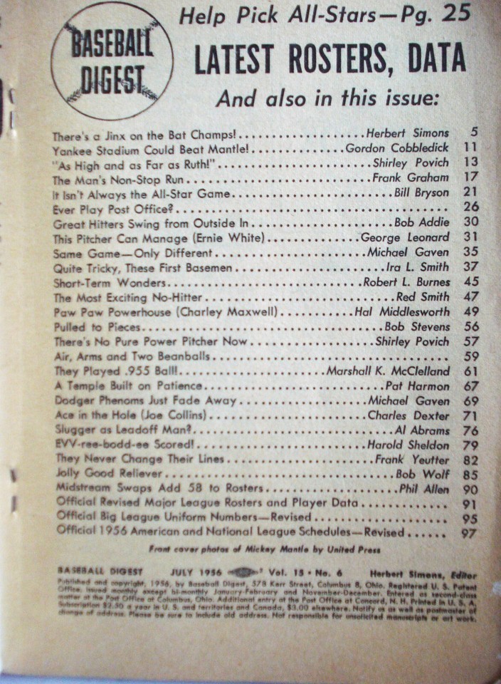 Baseball Digest July 1956 Mickey Mantle HR Chase of Ruth Cover Story | eBay