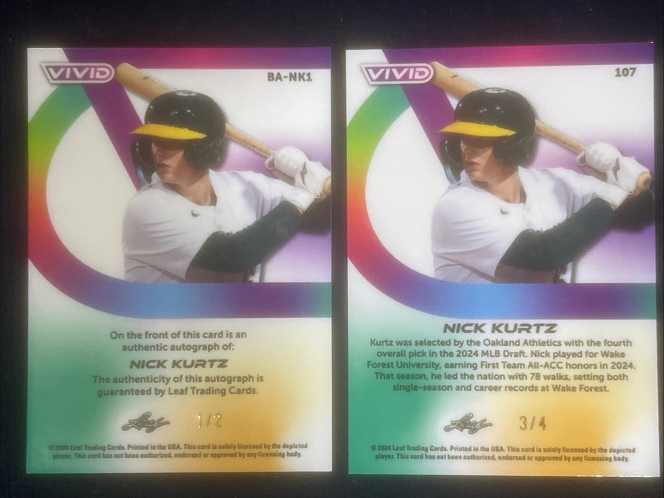 Nick Kurtz RC Auto Lot(2)-2024 Leaf Vivid Auto /2!&Base/4!📈AthleticsROY ...