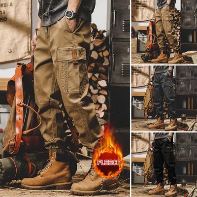 Mens Fleece Lined Thermal Cotton Cargo Trousers Pants Elasticated ...