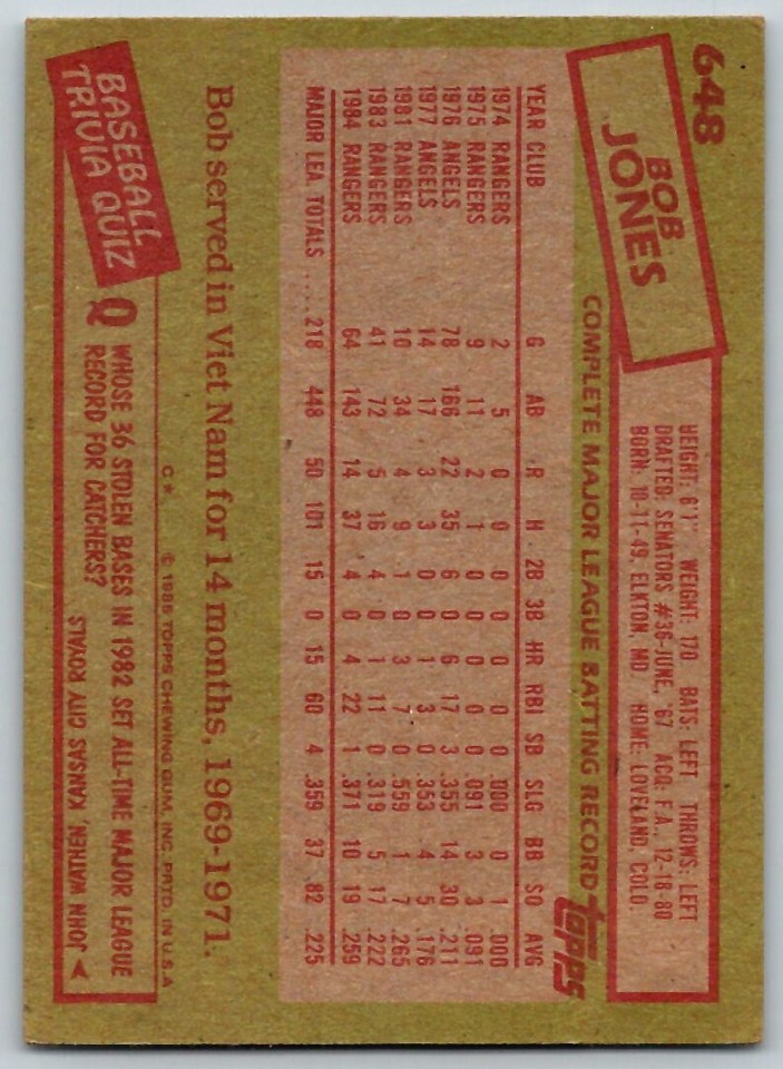 1985 TOPPS BOB JONES TEXAS RANGERS #648 | eBay