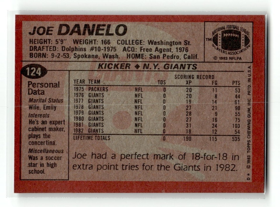 1983 Topps Joe Danelo #124 New York Giants NFL Football Kicker | eBay