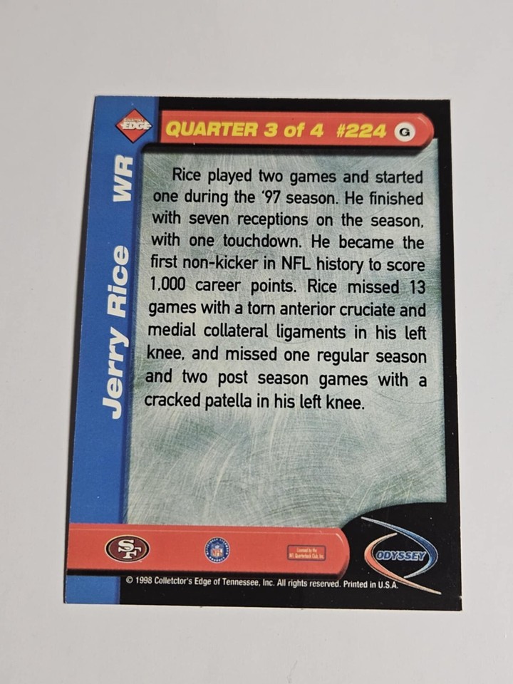 JERRY RICE 1998 Collectors Edge Autographed NFL card TTM/IP signature ...