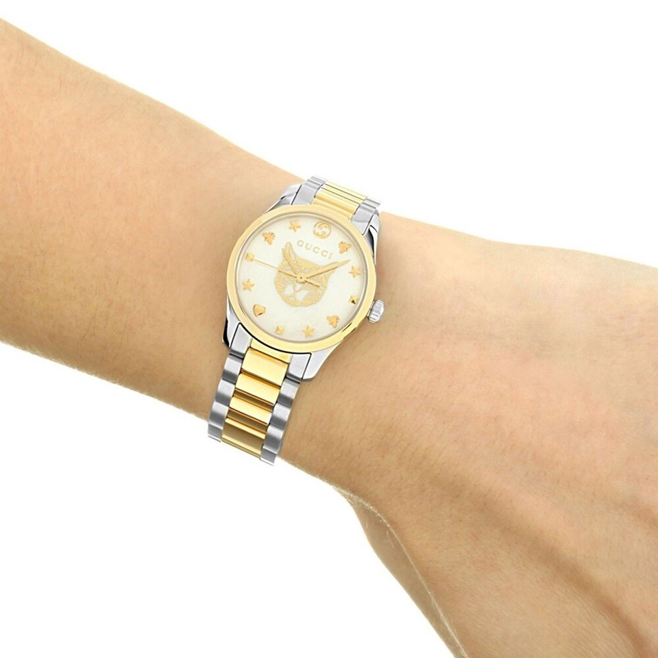 New Gucci G-Timeless White MOP Feline Two-Tone Bracelet Women's Watch ...