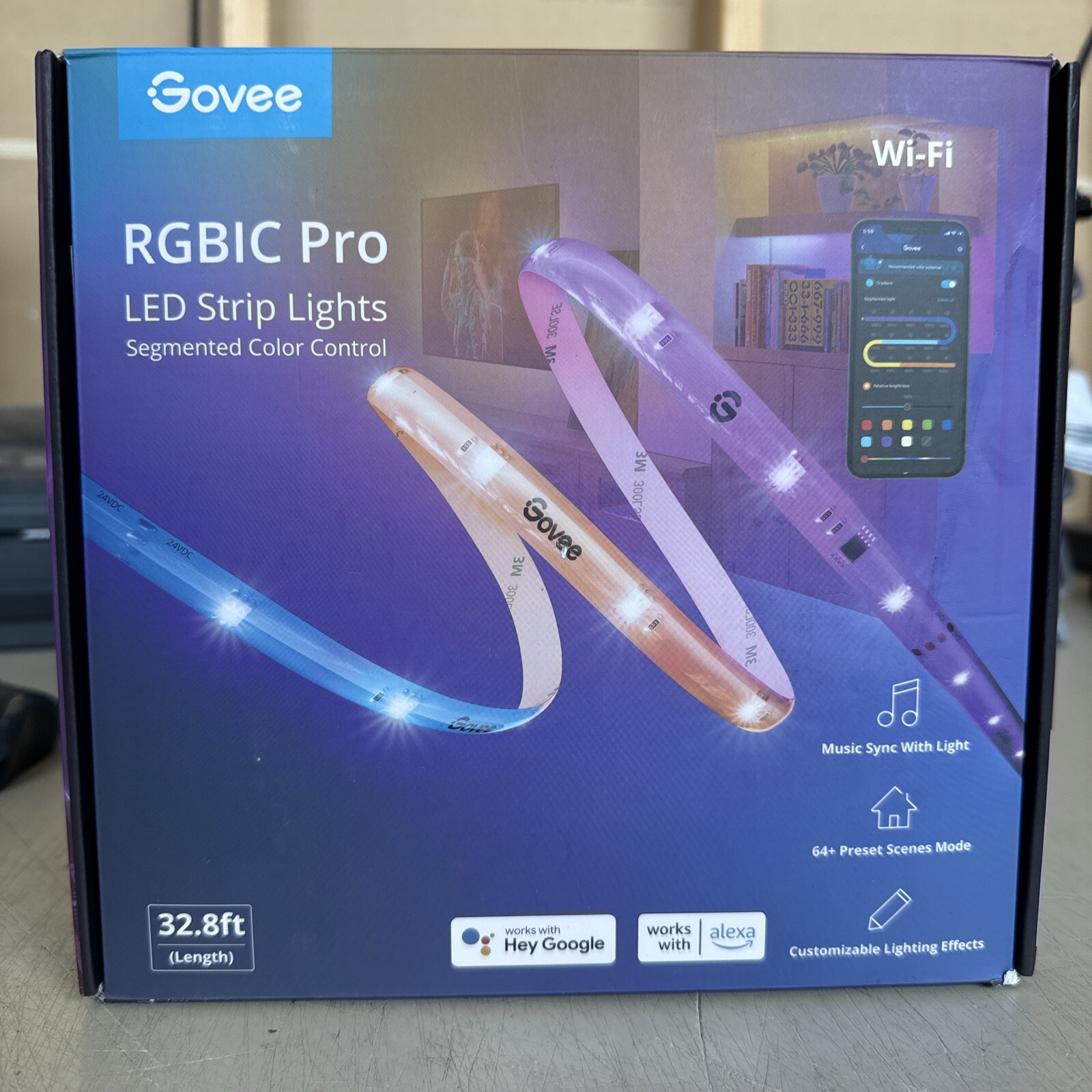 Govee RGBIC Pro LED Strip Light Wi-Fi Segmented Color Control 32.8 ft ...