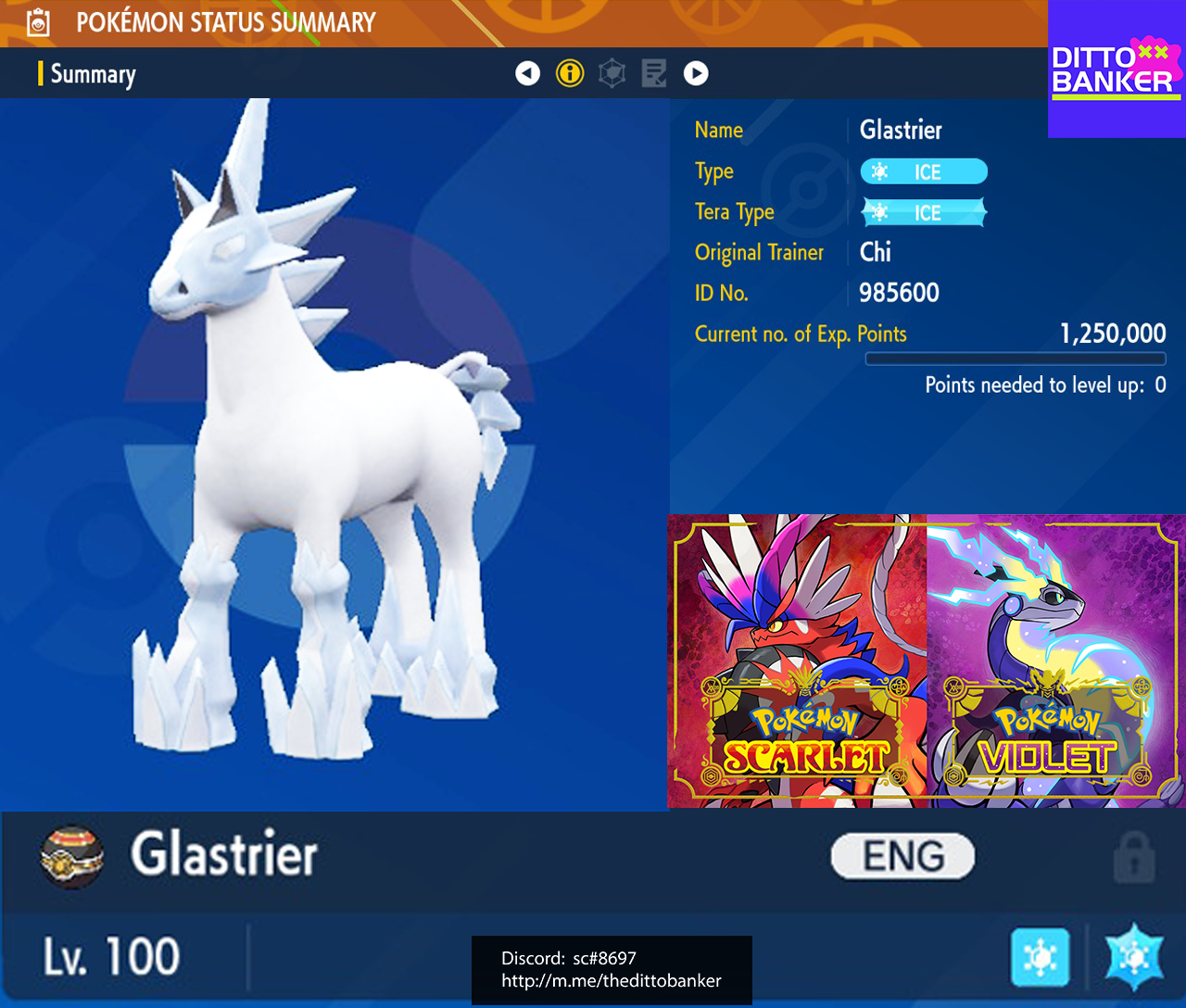 Pokemon Scarlet/Violet GLASTRIER Lv100 LEGENDARY 6IV Adamant w ...