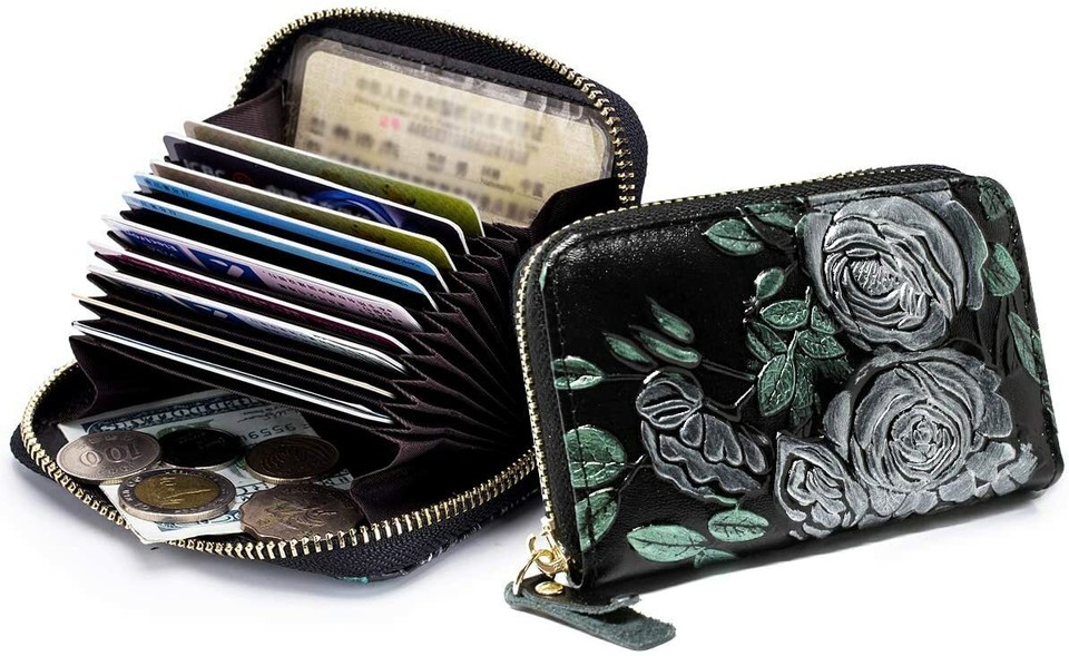 RFID Accordion Credit Card Holder Wallet for Women Small Leather Zip ...