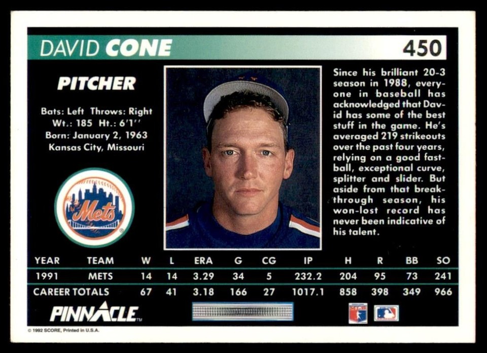 1992 Pinnacle #450 David Cone | eBay