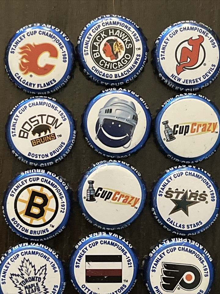 27 NHL Labatt Blue Bottle Caps Assort Teams with Dates they Won The ...