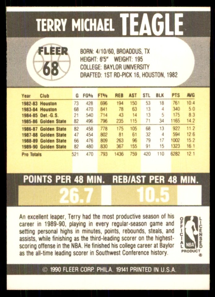 1990-91 Fleer Cards Terry Teagle Basketball Cards #68 | eBay