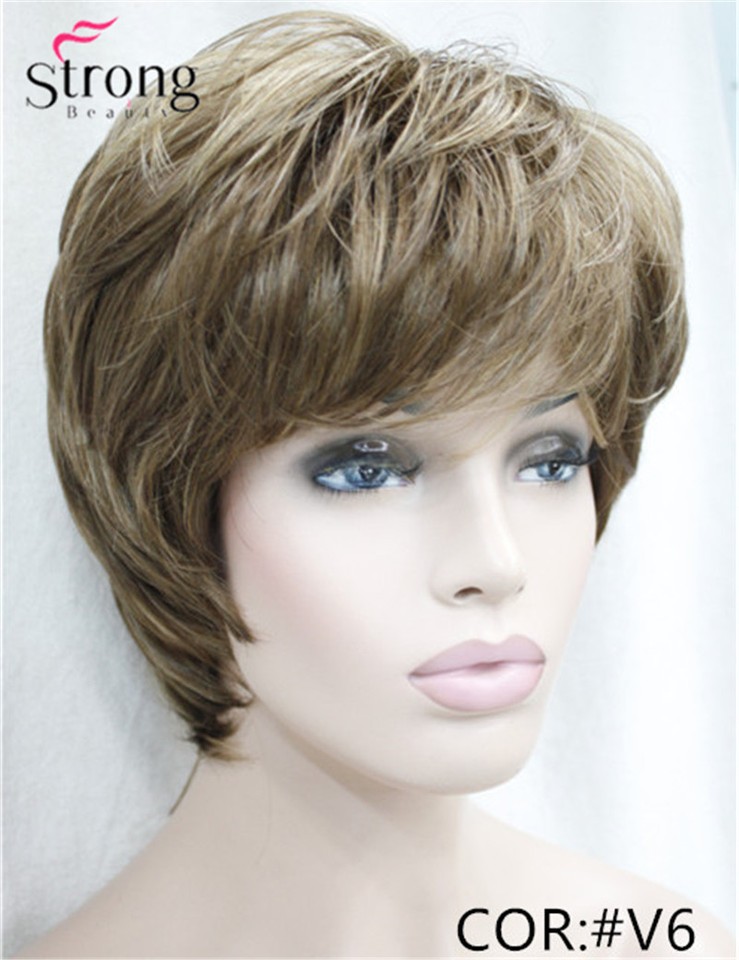 Short Layered Brown Highlighted Shag Classic Cap Synthetic Wig Women's ...