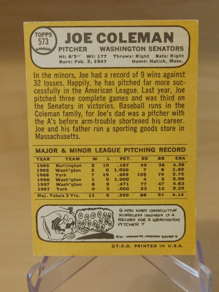 Joe Coleman 1968 Topps #573 - Washington Senators | eBay