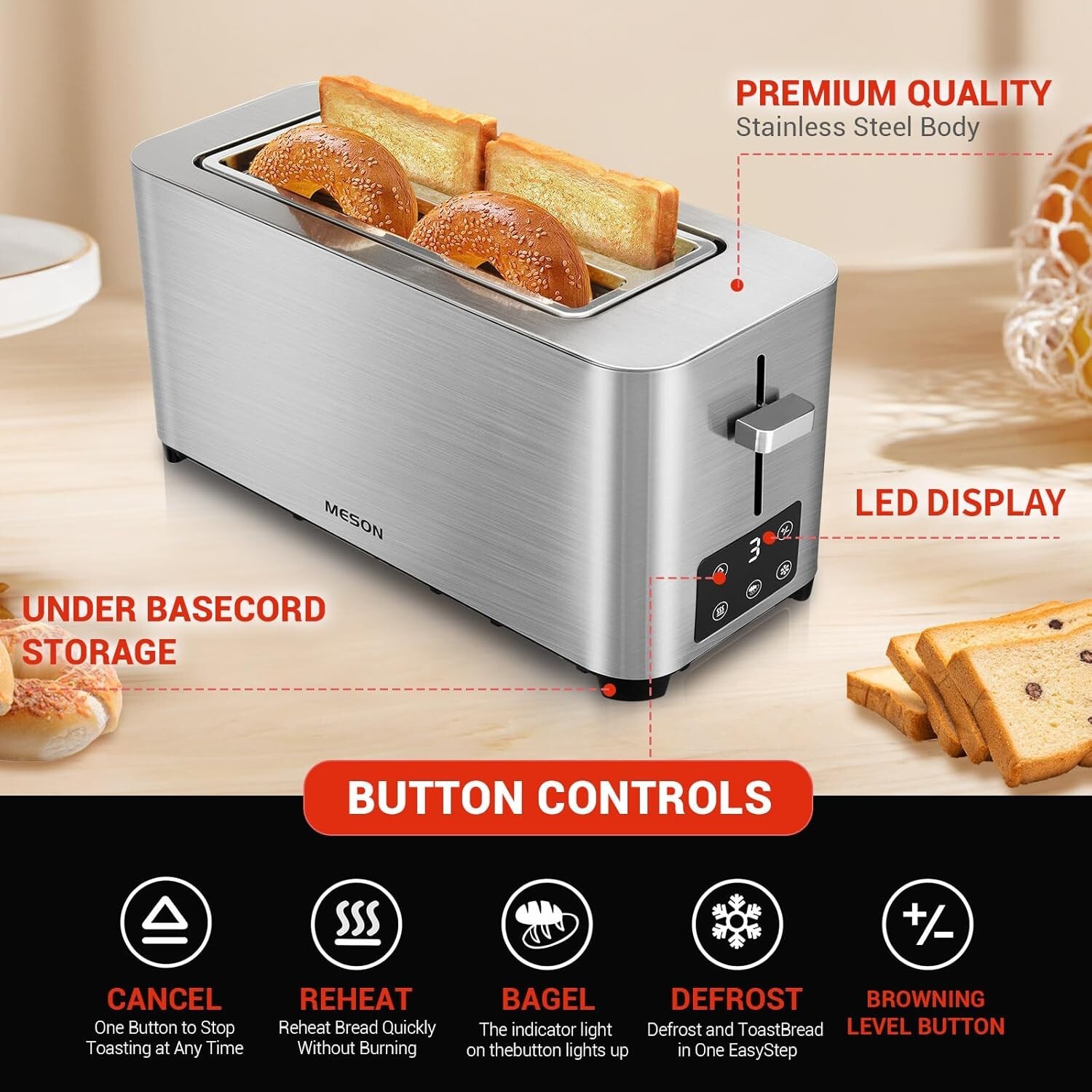 4 Slice Toaster with LED Timer Display, Stainless Steel Bread Toasters ...
