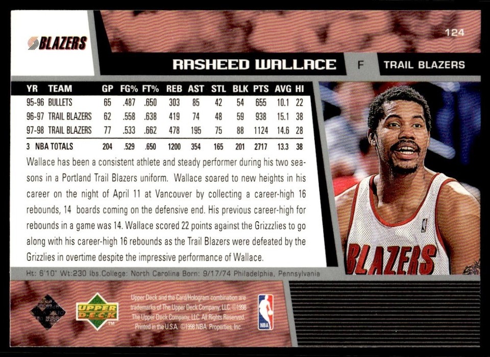 1998-99 Upper Deck Rasheed Wallace Portland Trail Blazers #124 | eBay