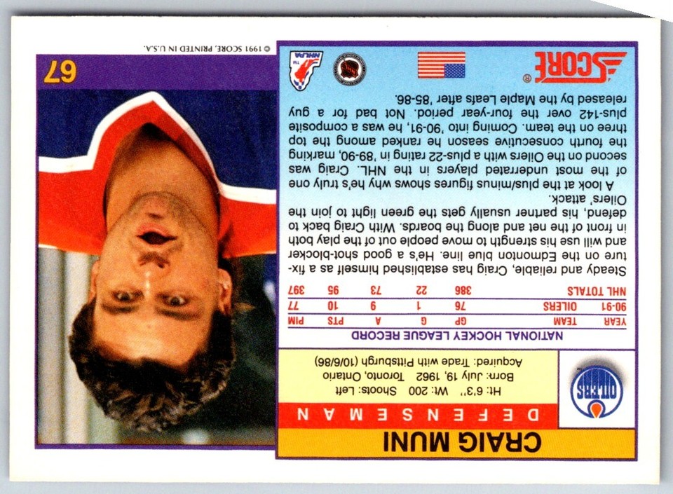 1991 Score American Craig Muni #67 Edmonton Oilers Hockey Card | eBay