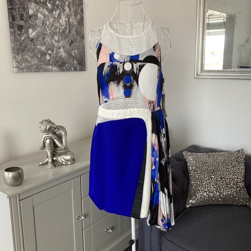 Three Floor Blue & White Net Side Pleat Structured Mini Dress Size 8 ...