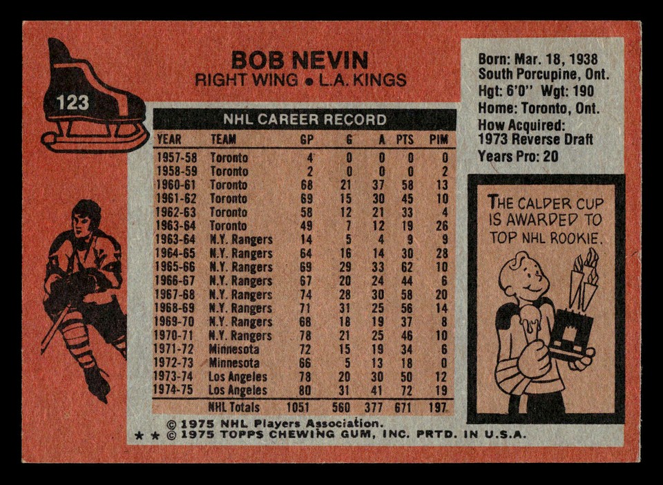 1975-76 Topps Hockey Card #123 Bob Nevin Los Angeles Kings | eBay