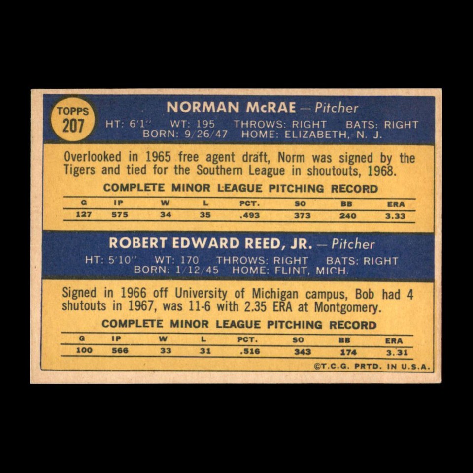 Tigers 1970 Rookie Stars - Norm McRae/Bob Reed 1970 Topps Rookie ...