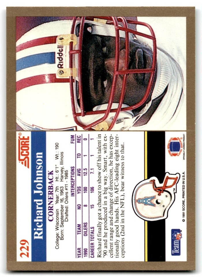 1991 Score Richard Johnson Rookie Houston Oilers #229 | eBay