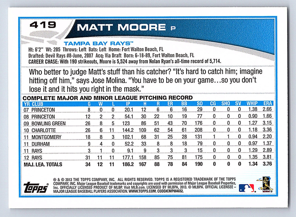 2013 Topps Series 2 Base # 419 - Matt Moore - Tampa Bay Rays | eBay
