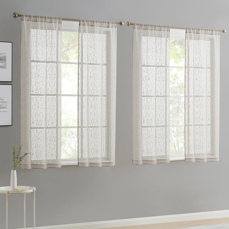 Rod Pocket Sheer Curtain Panels Set of 4 Modern Scroll Design Indoor ...