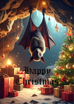 BAT CHRISTMAS CARD BAT HANGING FROM A CAVE ROOF WITH A XMAS TREE AND ...