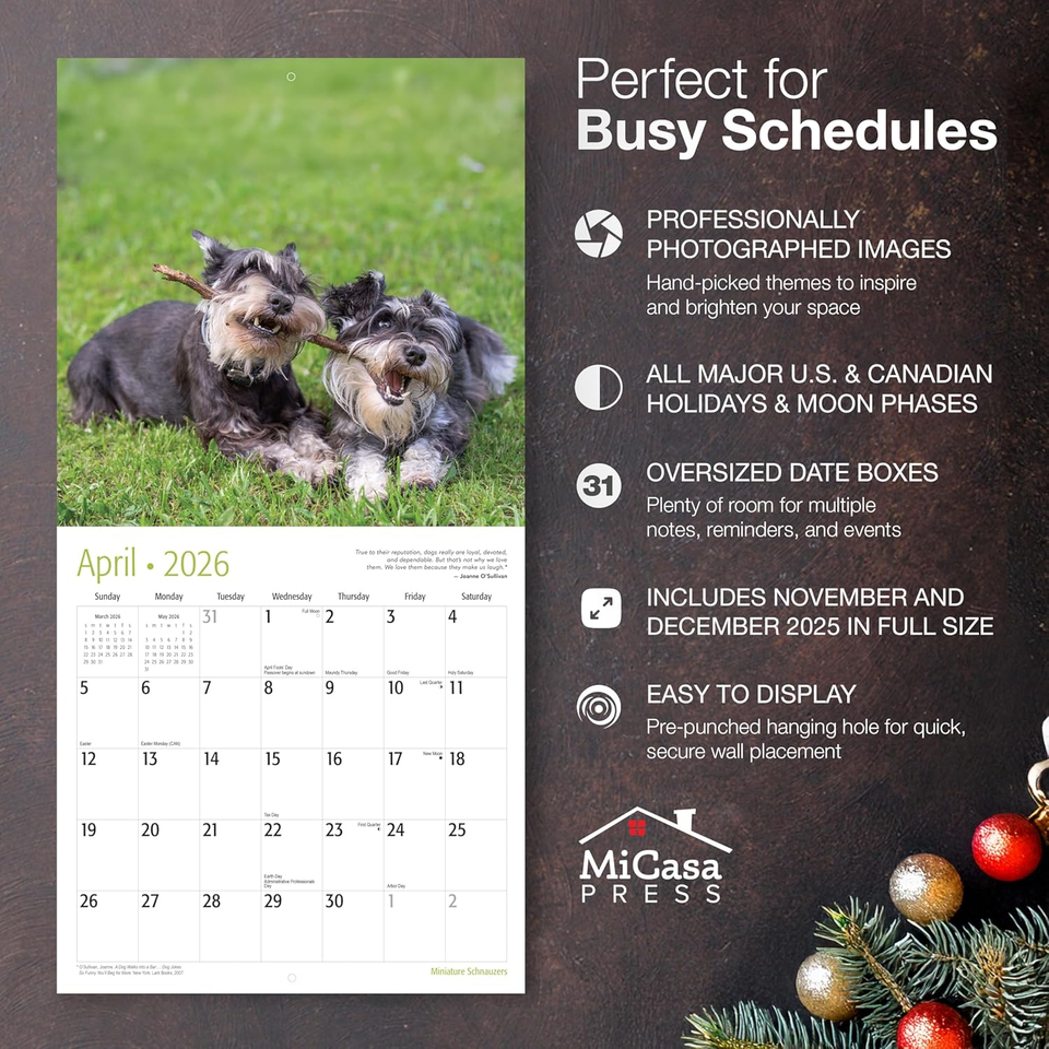 Miniature Schnauzers 2026 Wall Calendar 12 Month | 12" x 24" Open ...