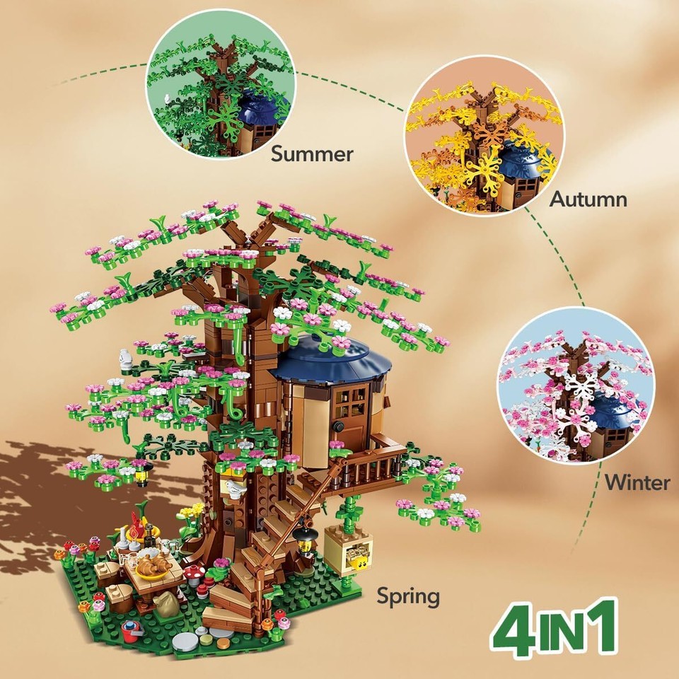 4 in 1 Tree House Building Set, 1157PCS Flowers Treehouse Building ...