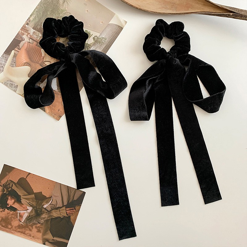 Fashion Black Velvet Bow Hair Ribbon Scrunchie for Women Girl Elastic ...